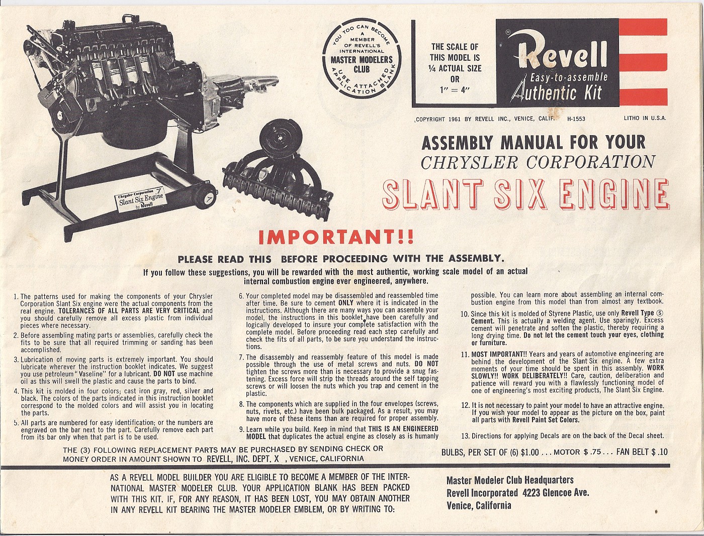 Photo: slant6cover | REVELL Chrysler Slant 6 Motorized engine #H-1553 ...