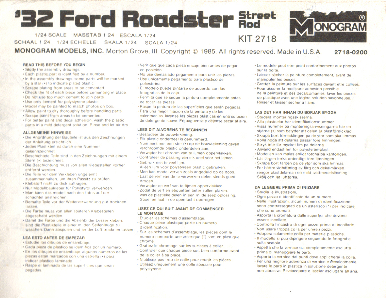 Photo: 32 FORD ROADSTER STREET ROD MONOGRAM Instruction sheet front 1 ...